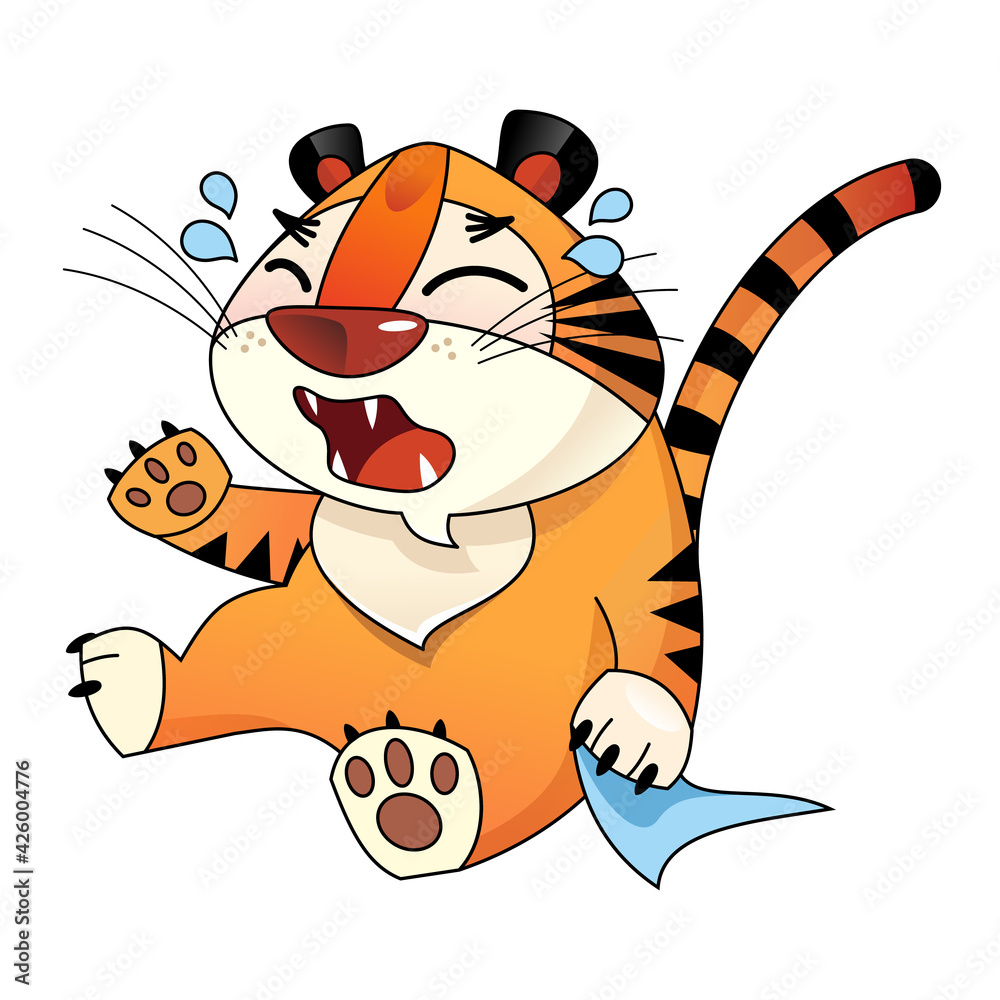 sad tiger cub is crying. Cartoon style on white background, isolated ...