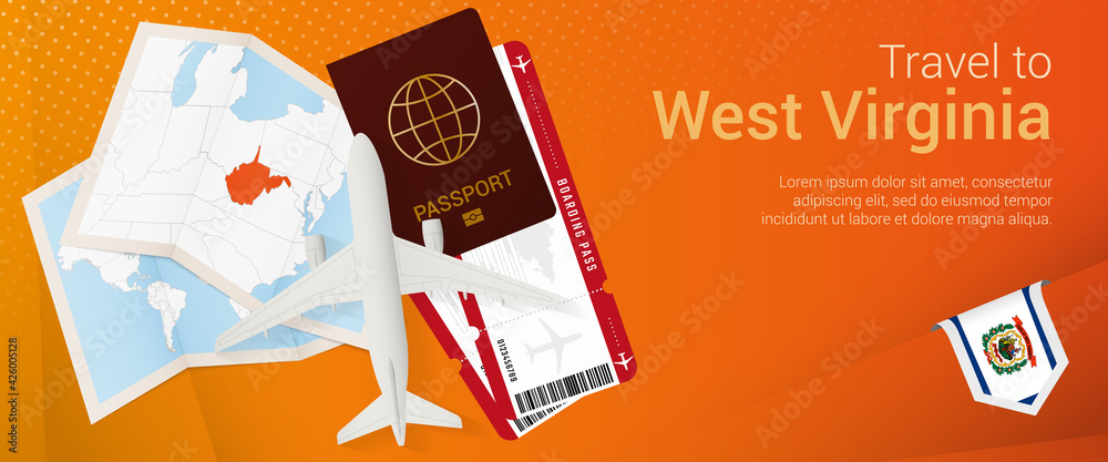 Travel to West Virginia pop-under banner. Trip banner with passport ...