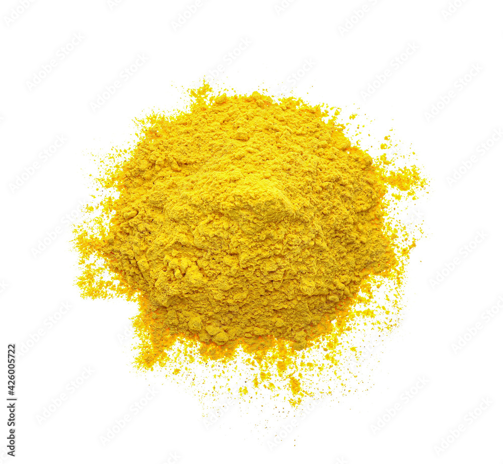 Pile of yellow powder isolated on white, top view. Holi festival ...