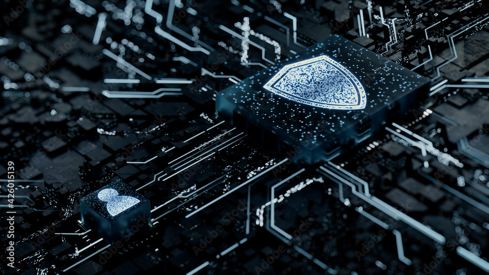 Security Technology Concept with shield symbol on a Microchip. White Neon Data flows between the ...