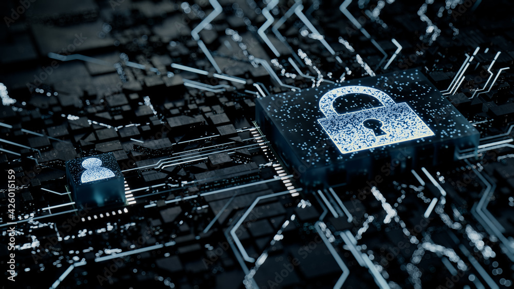 Security Technology Concept with lock symbol on a Microchip. White Neon ...