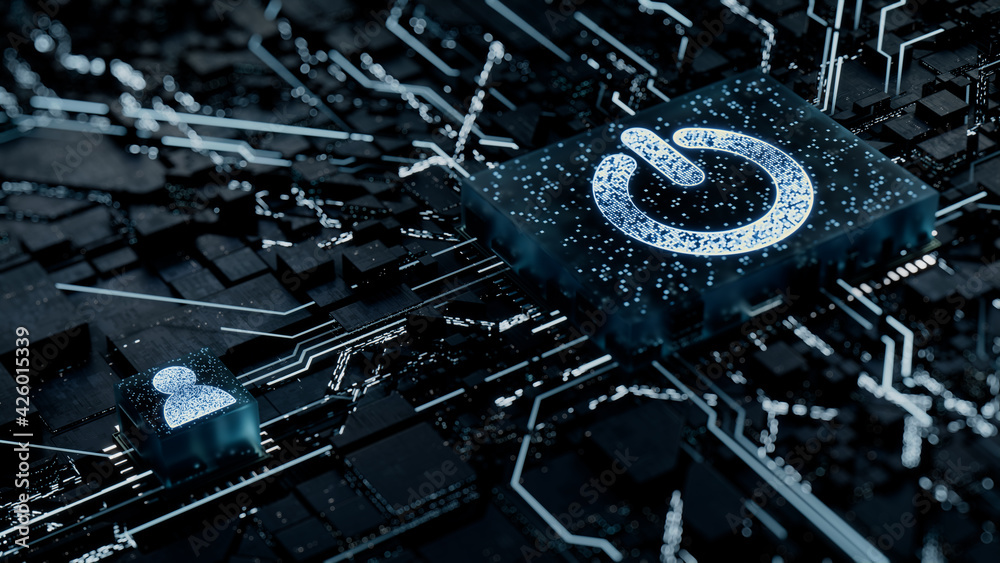 Activate Technology Concept with power symbol on a Microchip. White ...