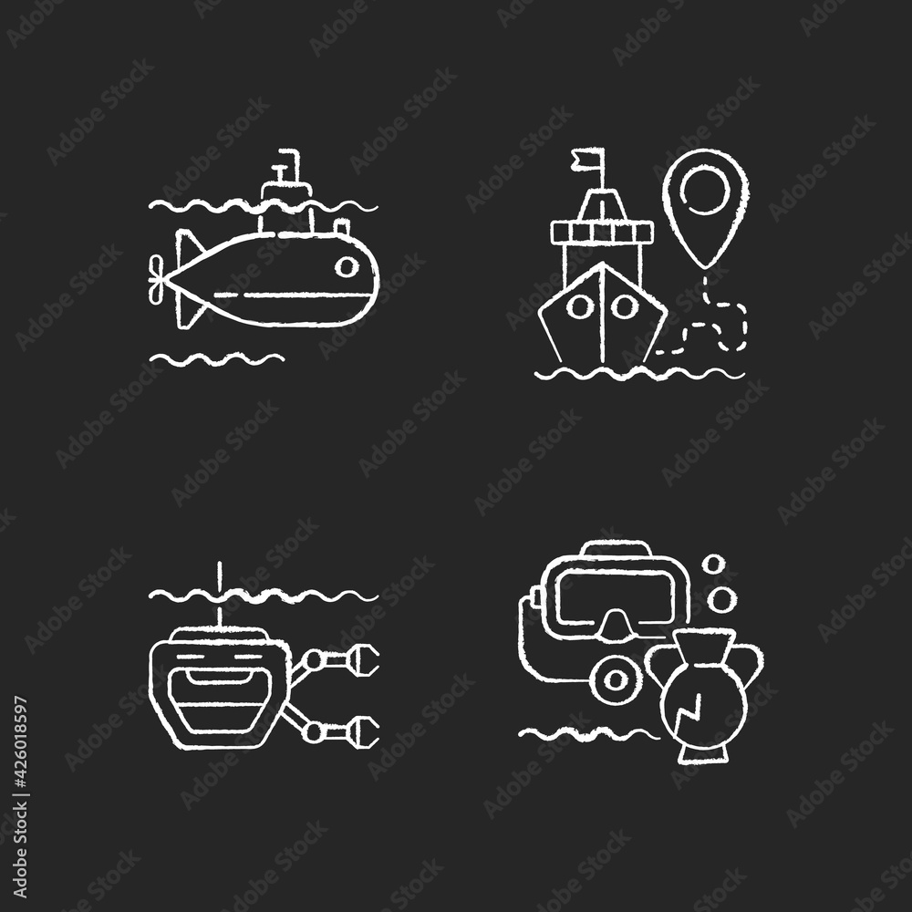Marine exploration chalk white icons set on black background ...