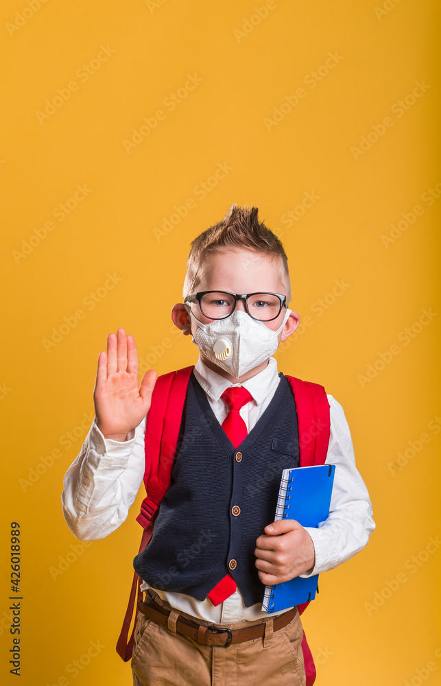 Kid boy wearing face mask during corona virus and flu outbreak. Disease ...