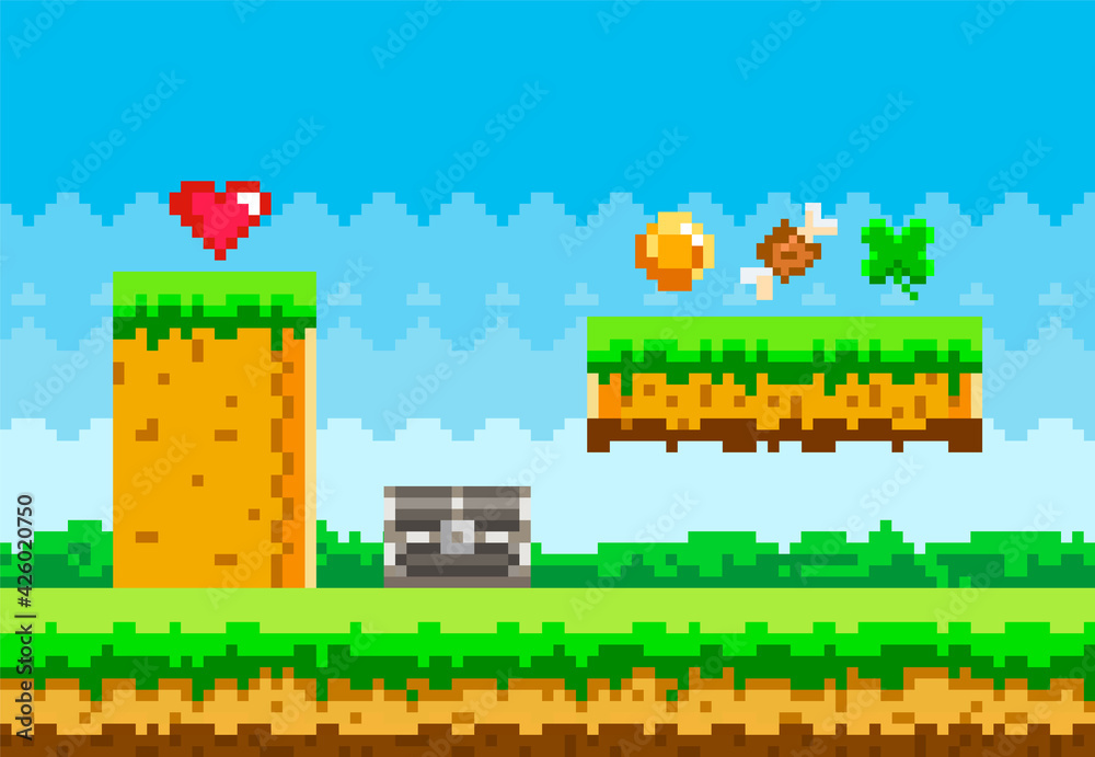 Pixel game background with green grass platform and items collected ...