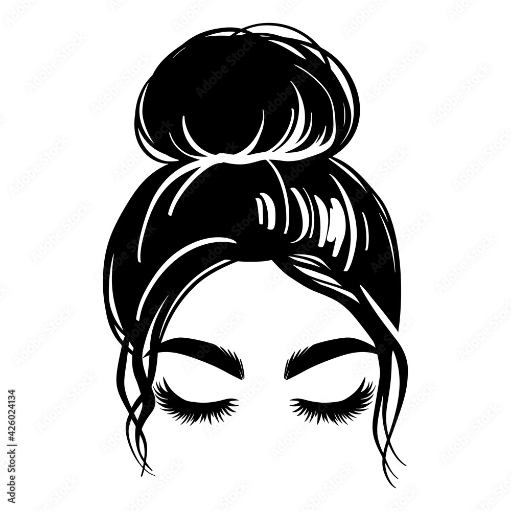 Messy hair bun, vector woman silhouette. Beautiful girl drawing ...