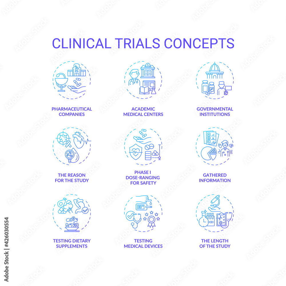 Grafika wektorowa Stock: Clinical trials concept icons set. Medical ...