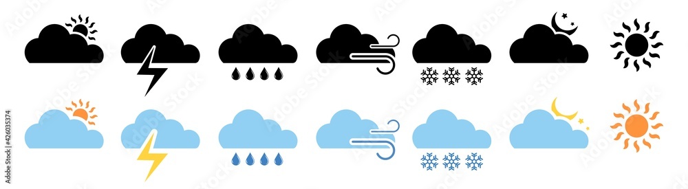 Flat weather icons, black and colorful. Forecast signs collection ...