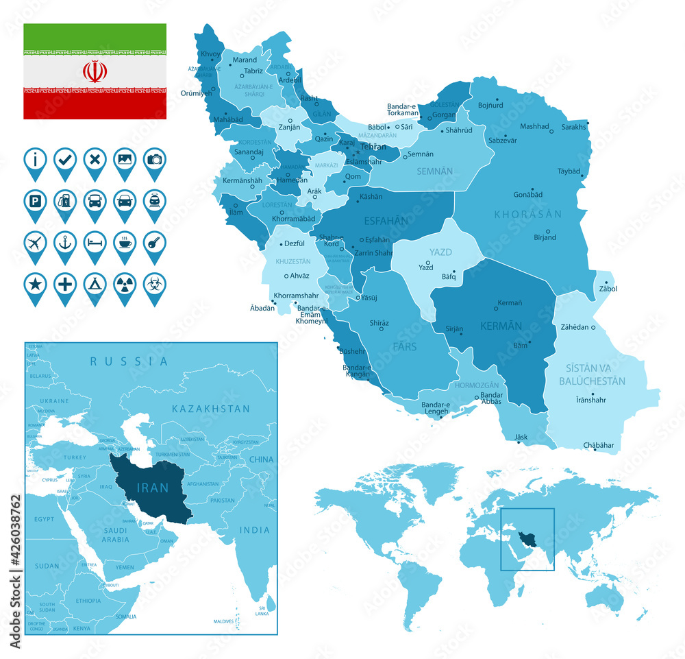 Iran detailed administrative blue map with country flag and location on ...