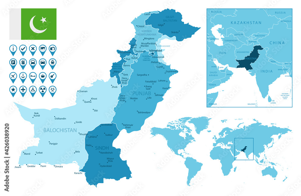Pakistan detailed administrative blue map with country flag and ...