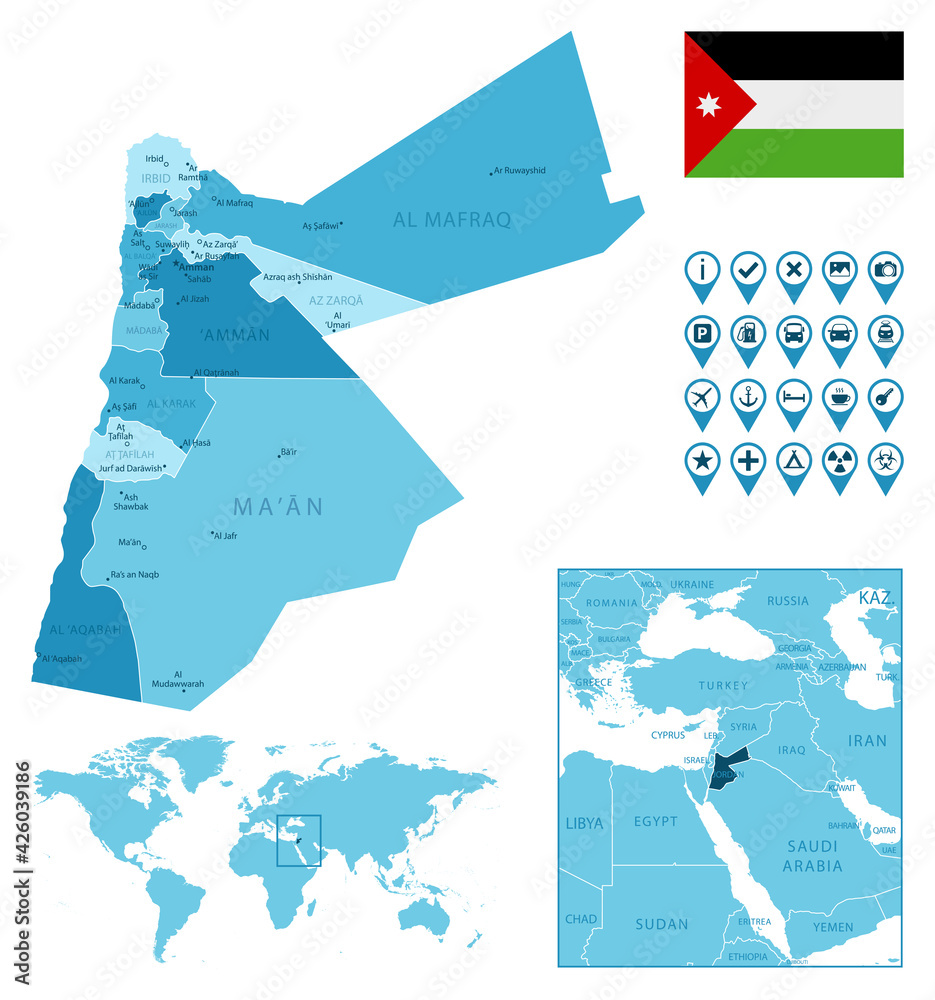 Jordan detailed administrative blue map with country flag and location ...