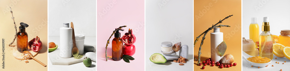 Set of natural cosmetic products on color background Stock Photo ...