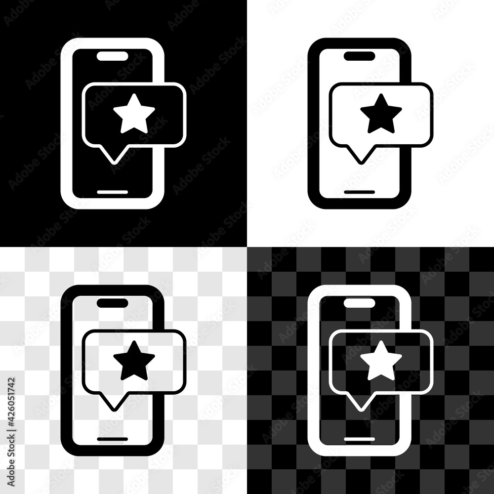 Set Mobile phone with review rating icon isolated on black and white ...