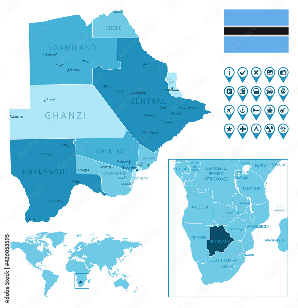 Botswana detailed administrative blue map with country flag and ...