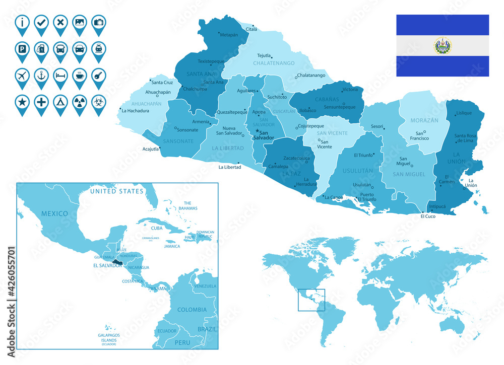 El Salvador detailed administrative blue map with country flag and ...