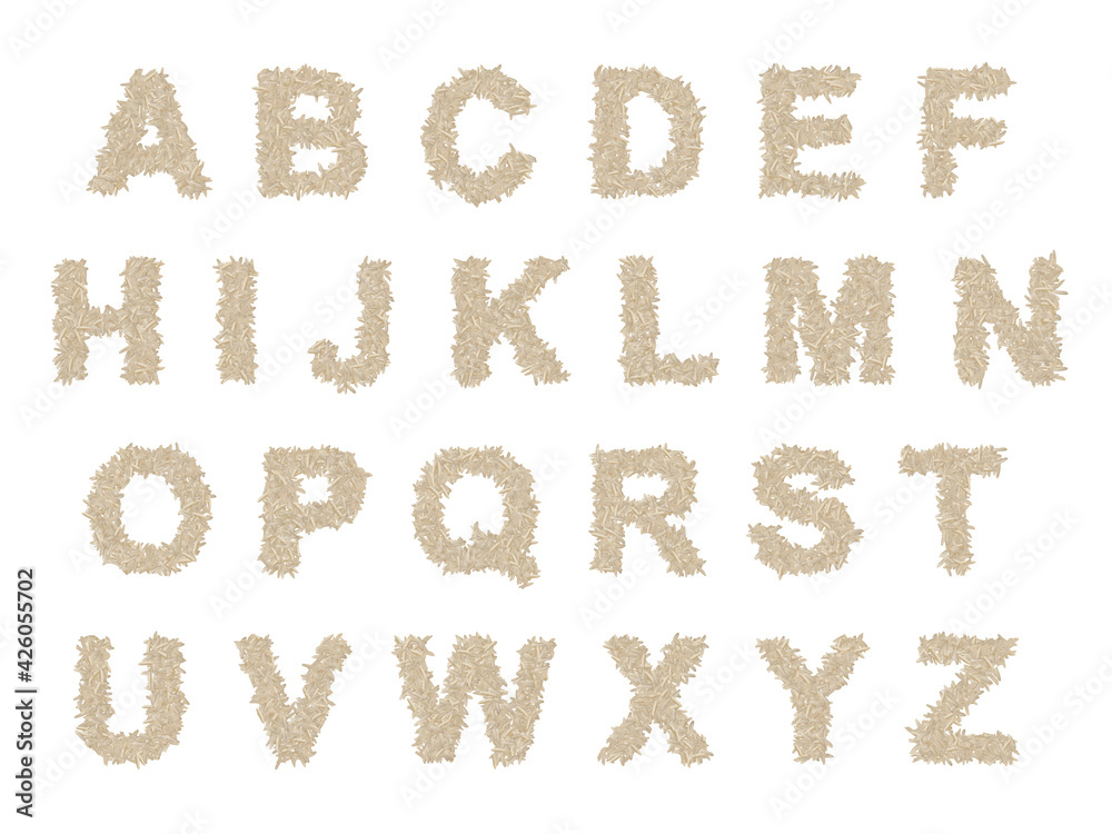 Rice font, complete alphabet. Made with white rice long grains, bold ...