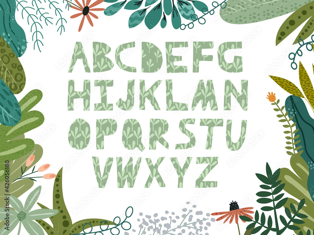 Green textured floral alphabet font uppercase letters with flowers ...