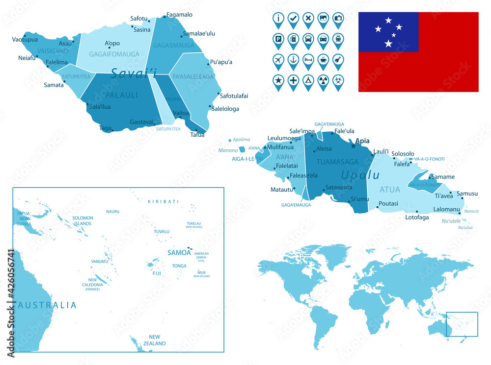 Samoa detailed administrative blue map with country flag and location ...