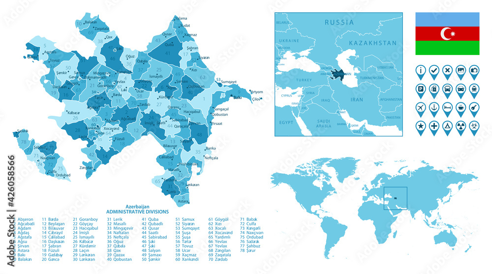 Azerbaijan detailed administrative blue map with country flag and ...
