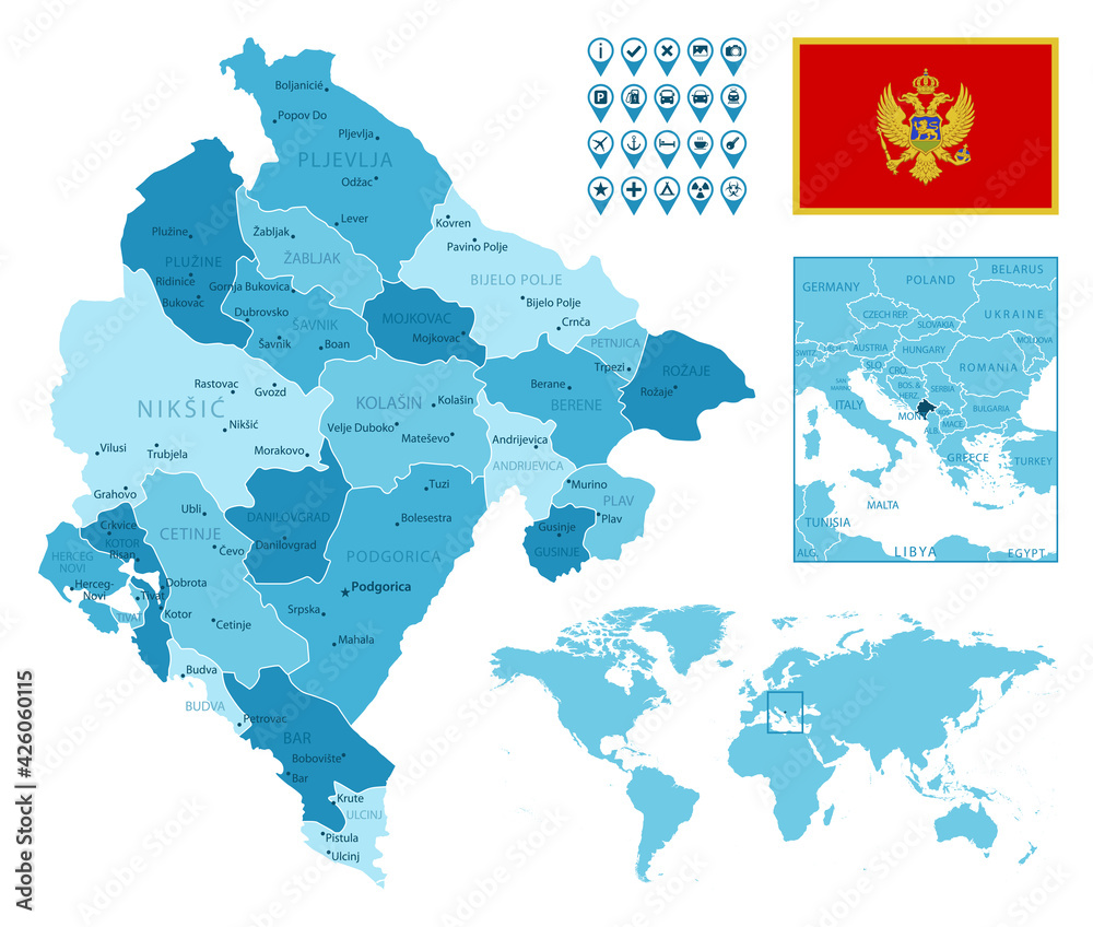 Montenegro detailed administrative blue map with country flag and ...