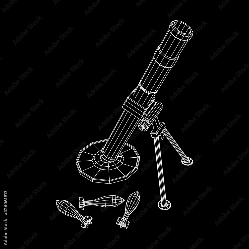 Firearm weapon army mortar and mine. Wireframe low poly mesh vector ...