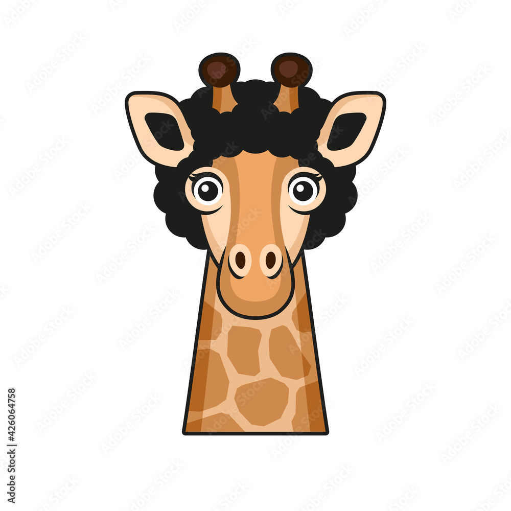 Cute Giraffe Face with Hair Cartoon Style on White Background. Vector ...