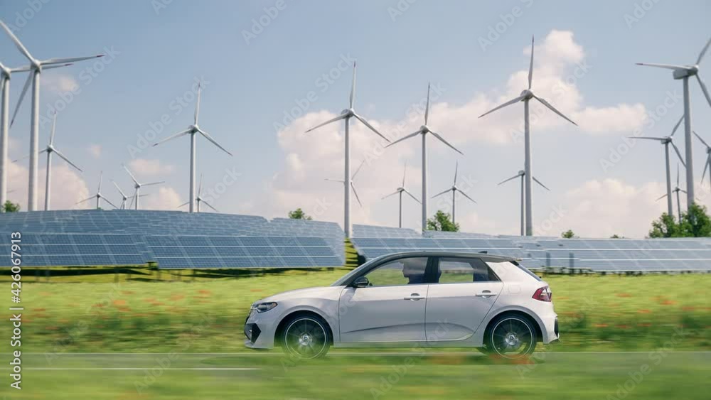 Generic autonomous electric car driving through a vibrant green ...