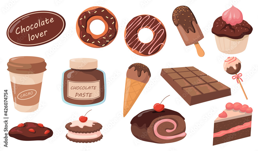 Creative chocolate desserts flat pictures collection. Cartoon chocolate ...