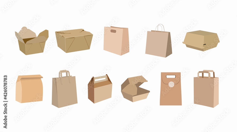 Vector Isolated Set of Different Paper Bags or Take Away Boxes Stock ...