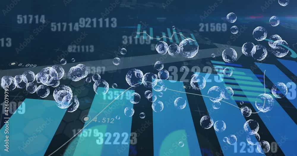 Multiple bubbles floating and changing numbers against financial data ...