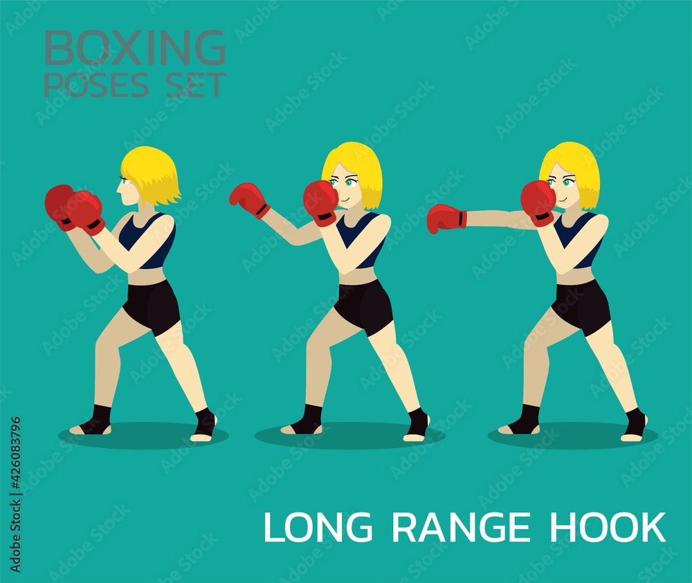Long Range Hook Manga Boxing Poses Set Woman Cartoon Vector ...