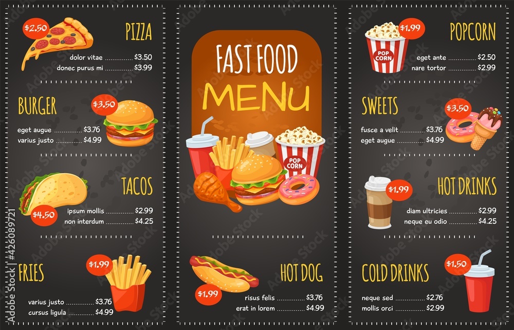 Fast food menu. Pizza, burger and tacos, fries. Hot dog, sweets and ...