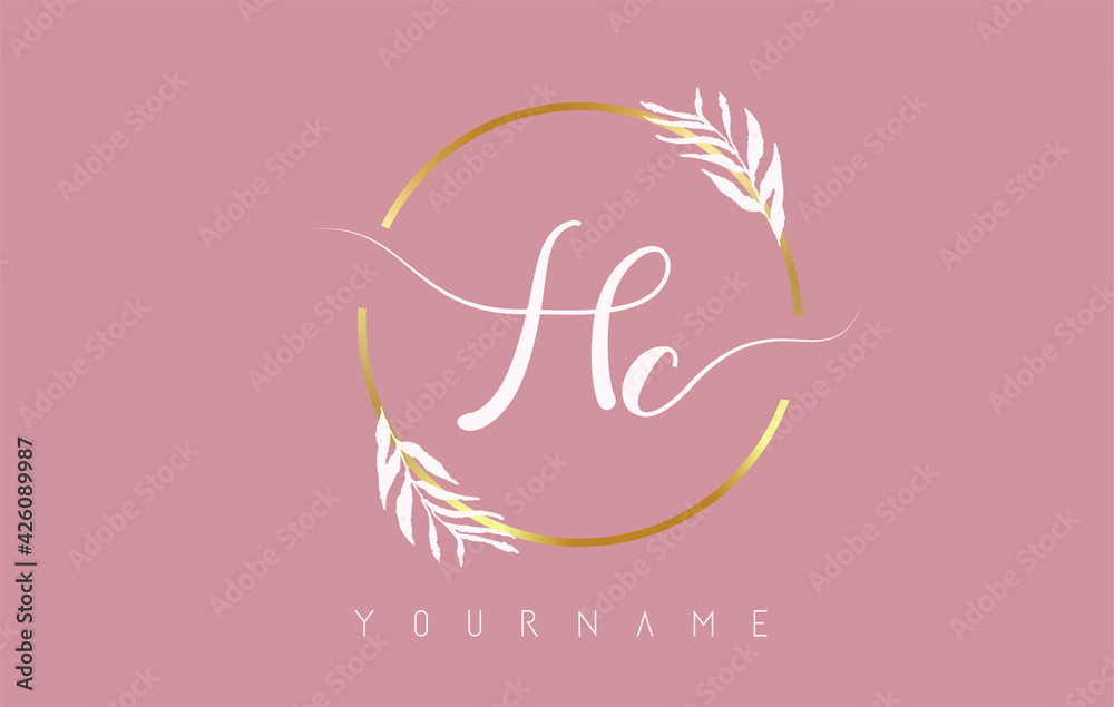 HC h c Letters logo design with golden circle and white leaves on ...