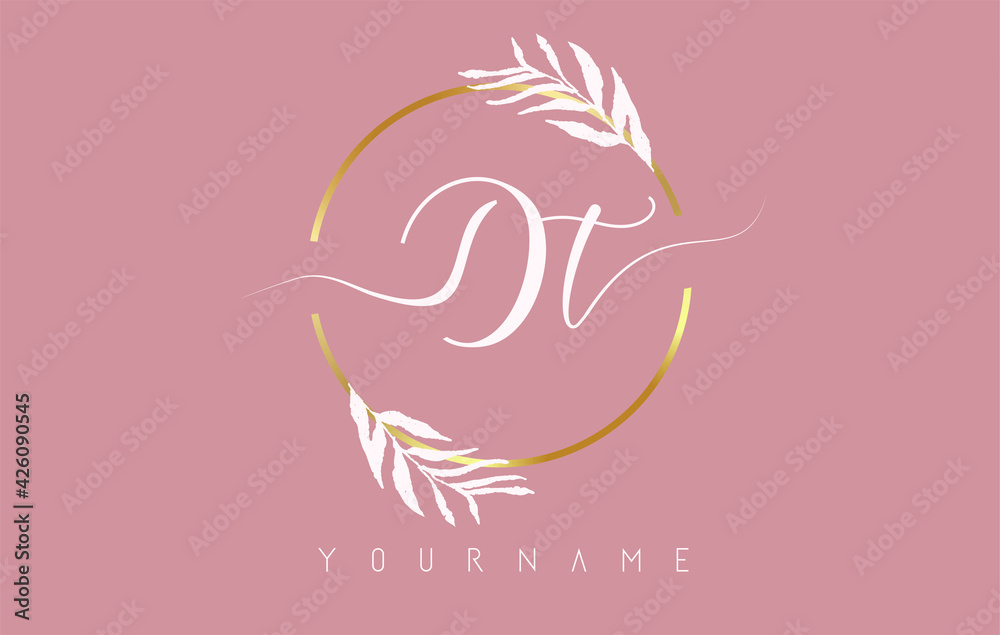 DT d t Letters logo design with golden circle and white leaves on ...