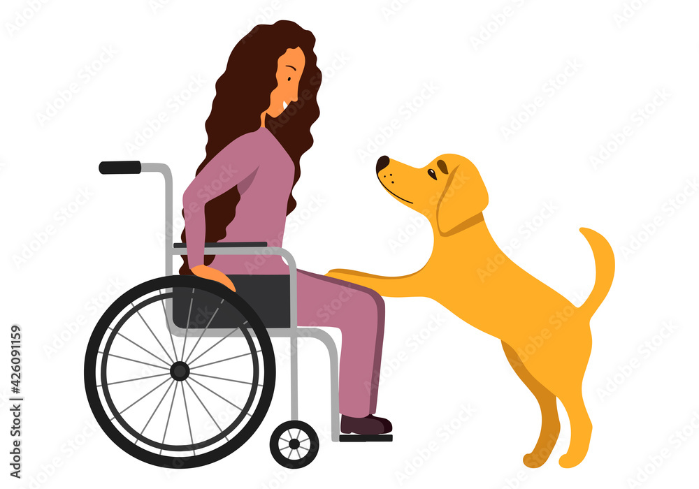 Emotional support animal health care. Happy disabled woman in ...