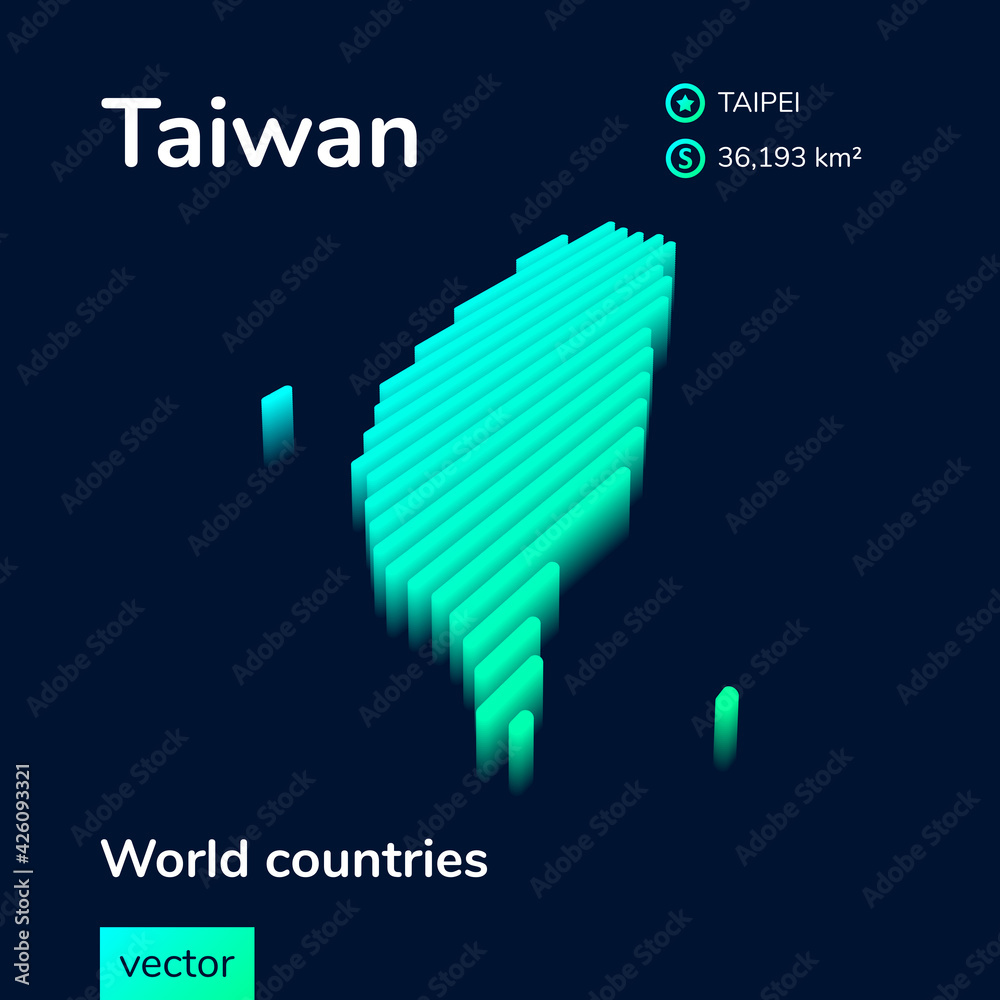 Stylized neon simple digital isometric striped vector Taiwan map, with ...