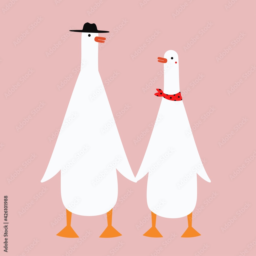 Vector illustration with holding hands couple of gooses. Funny romantic ...