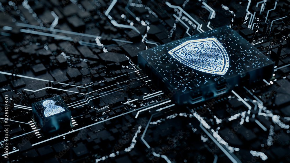 Security Technology Concept with shield symbol on a Microchip. White Neon Data flows between the ...