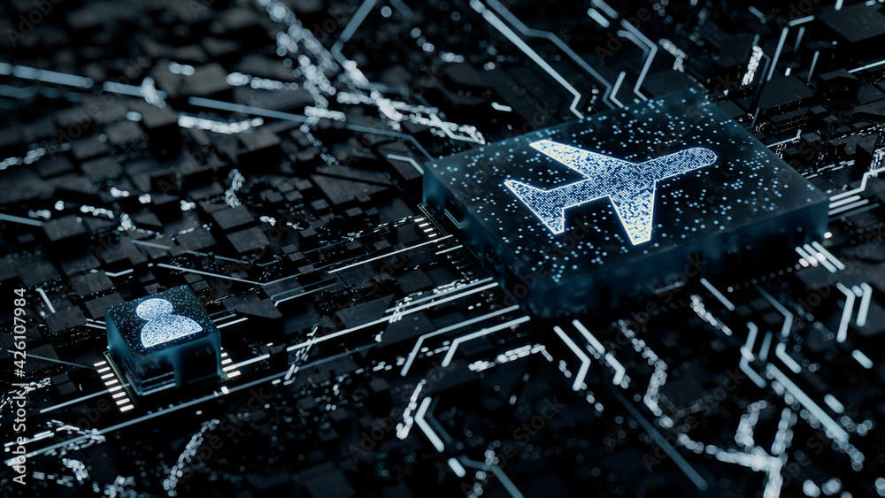 Flight Technology Concept with airplane symbol on a Microchip. White ...