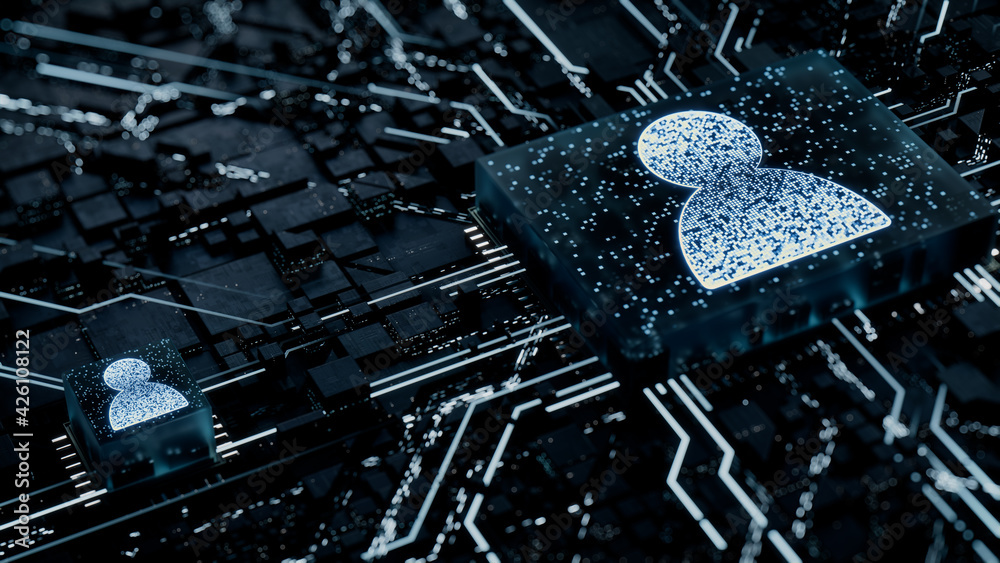 Social Technology Concept with user symbol on a Microchip. White Neon ...