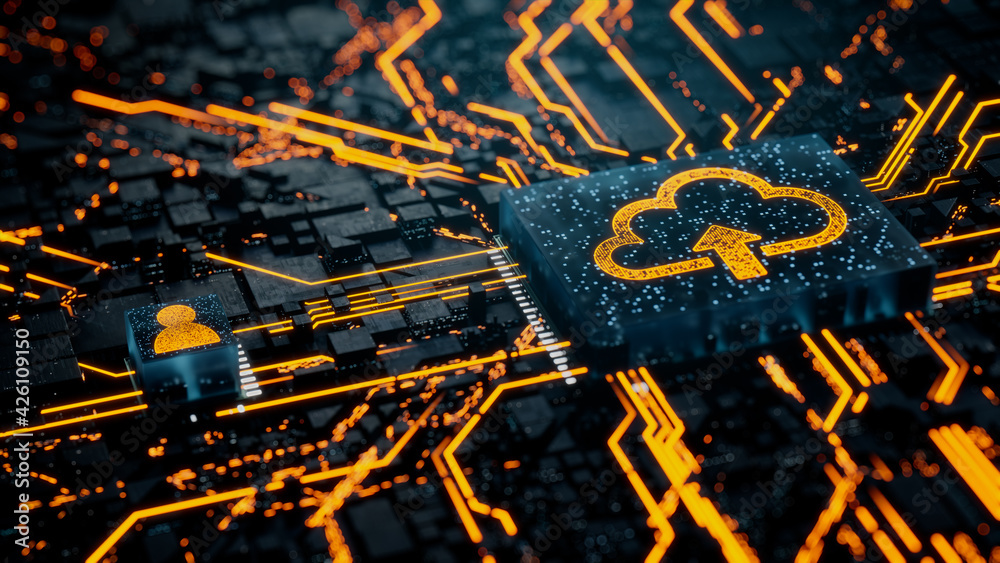 Data Storage Technology Concept With Cloud Upload Symbol On A Microchip