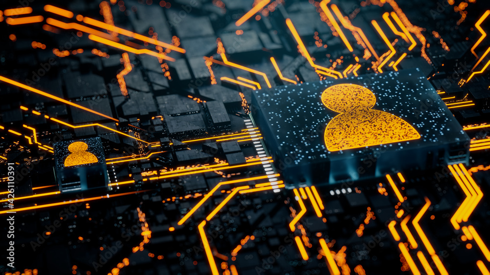 Social Technology Concept with user symbol on a Microchip. Orange Neon ...