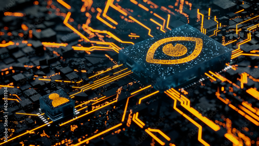 Vision Technology Concept with eye symbol on a Microchip. Orange Neon ...
