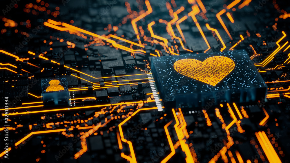 Love Technology Concept with heart symbol on a Microchip. Orange Neon ...
