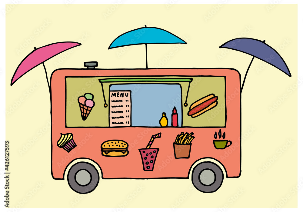 Catering van Food truck design. A small van, a diner on wheels. Hand ...