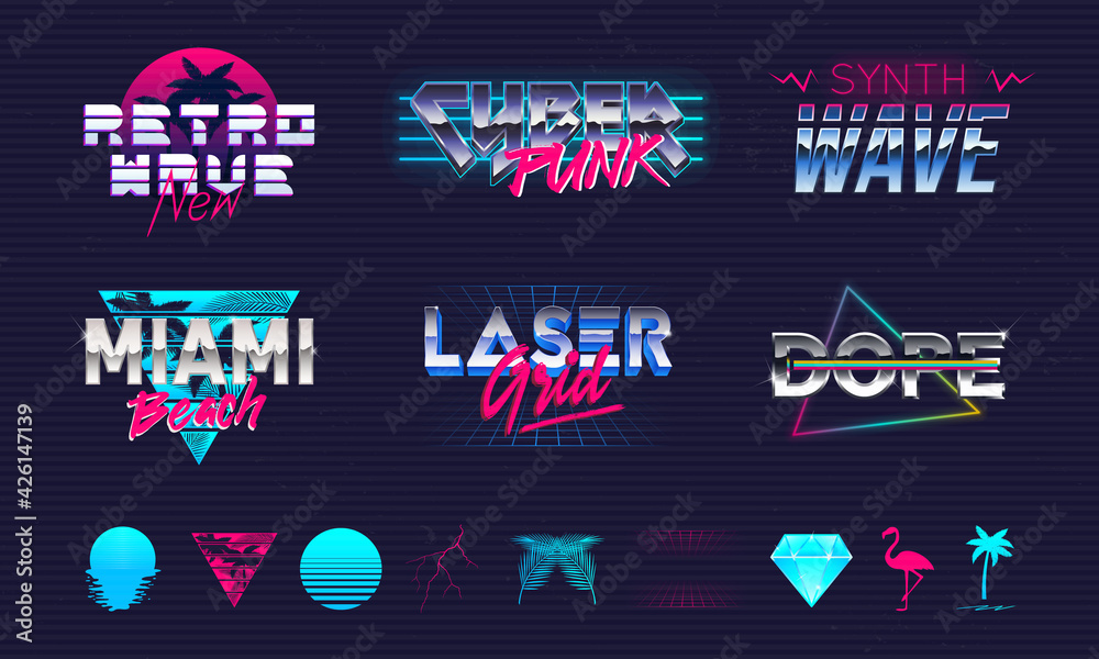 Set of 6 Retro neon logo templates and 10 trendy elements to create ...