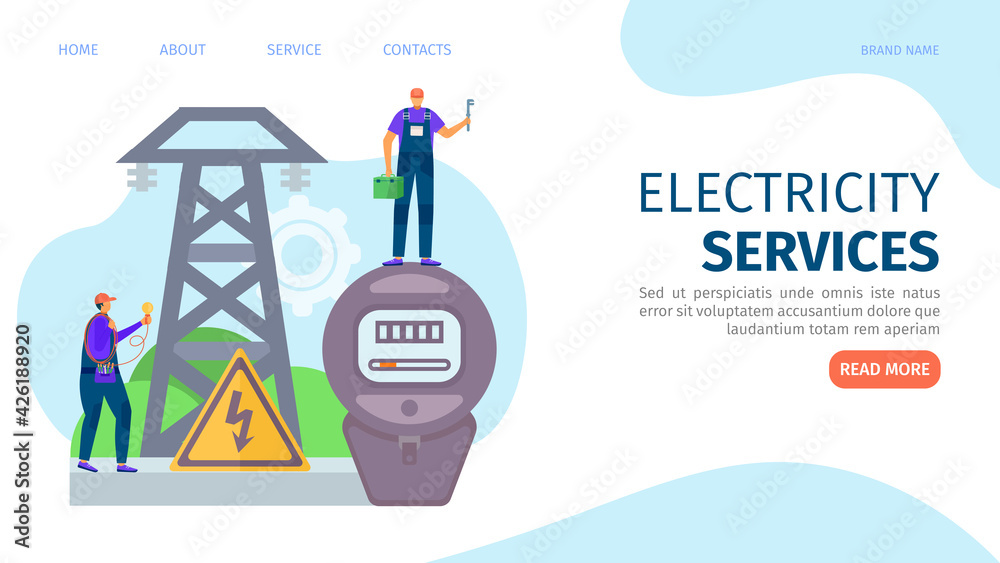 Electricity service, template page vector illustration. Man worker ...