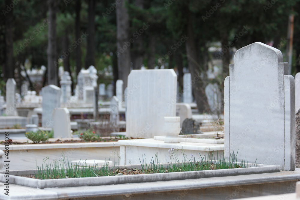 Grave with headstone at Muslim cemetery. Graves background. Stock Photo ...