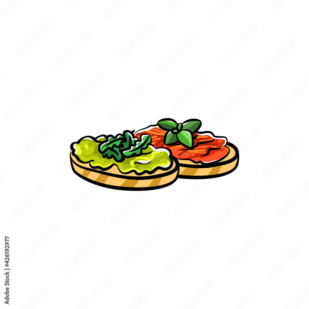 Bruschetta drawing vector drawing. Delicious food on a white background ...
