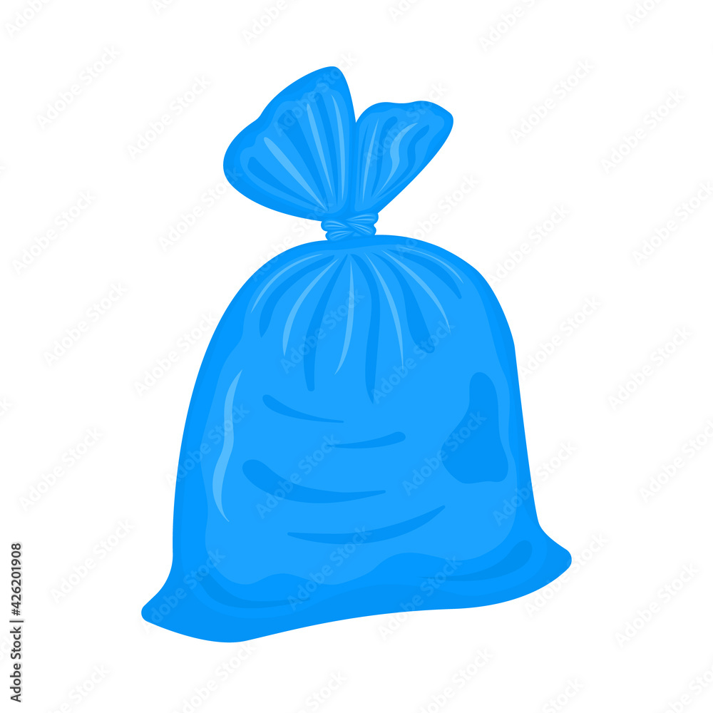 Filled plastic garbage bag isolated on white background. Blue pack with ...
